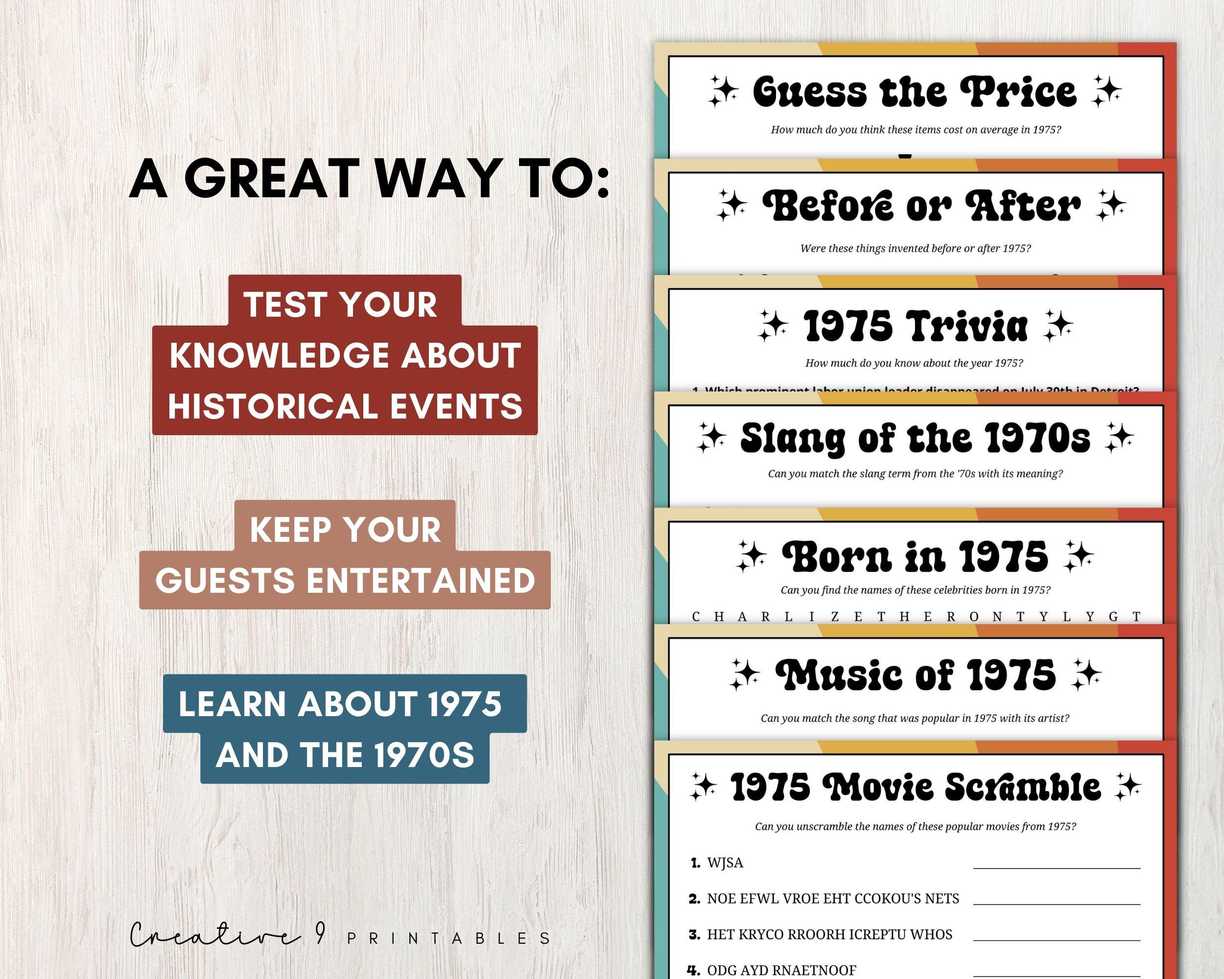 1975 Trivia Game Bundle, 50th Birthday Party Game, 50th Anniversary ...