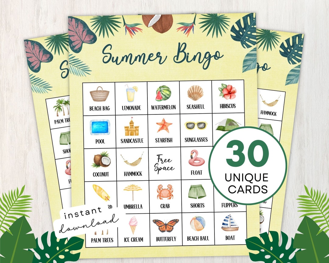 Summer Bingo Printable Game for Adults and Kids, 30 Bingo Cards Plus ...