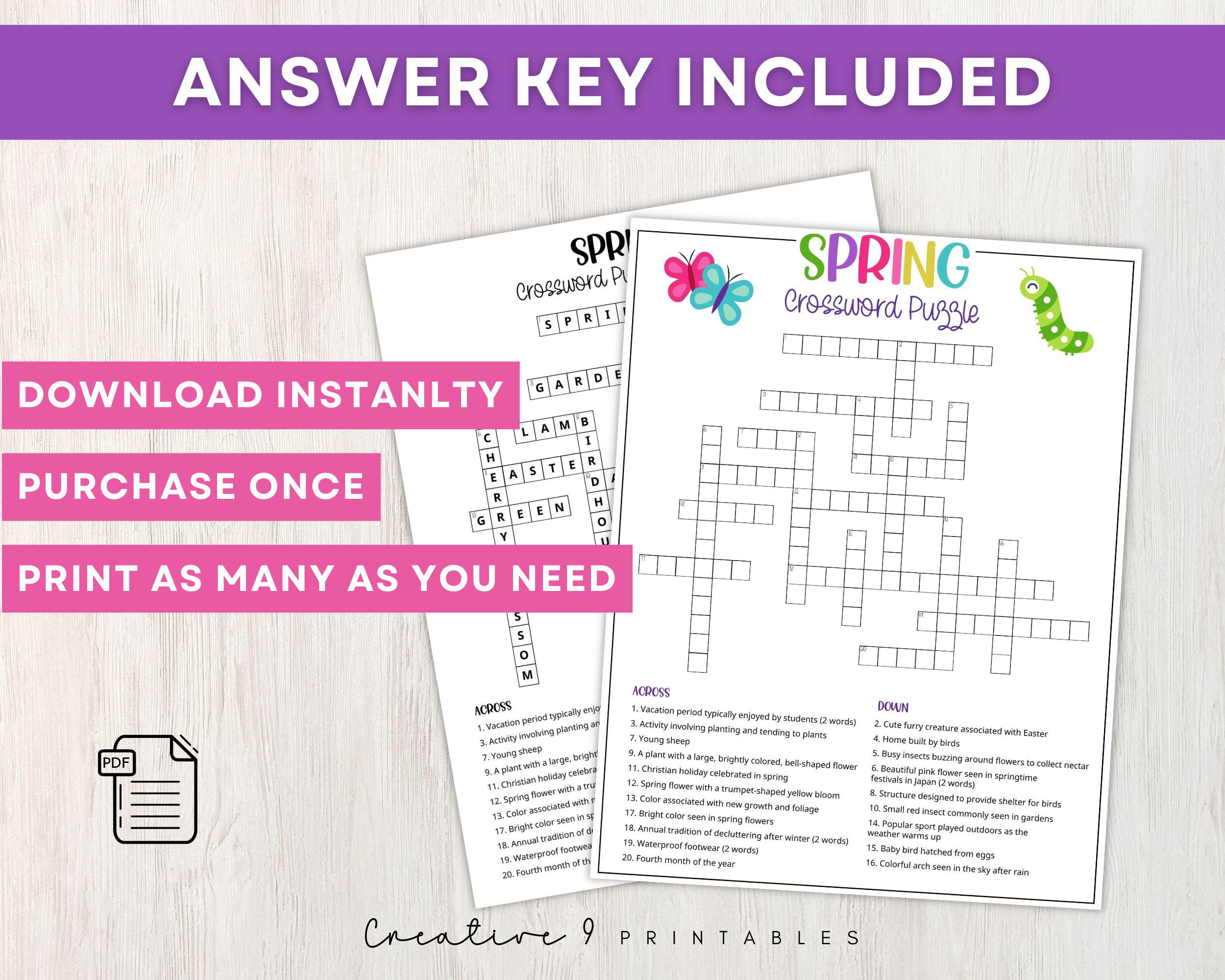 Spring Crossword Puzzle for Kids and Adults, Fun Printable Springtime ...