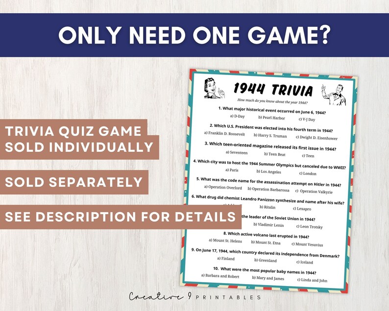 80th Birthday Trivia Game Bundle for Adults, Printable Born in 1944 ...