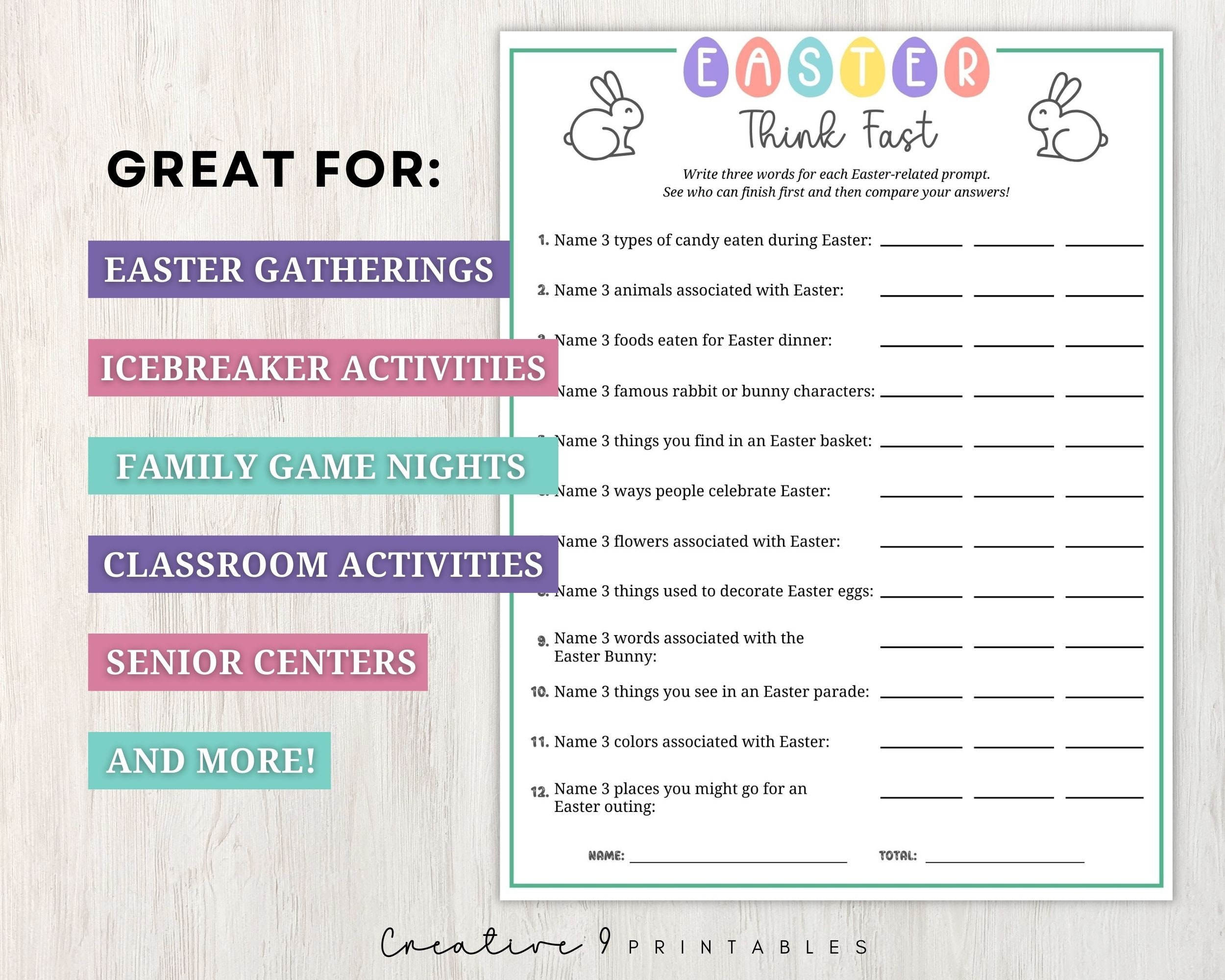 Easter Think Fast Printable Game, Think Quick Icebreaker Activity, Fun ...