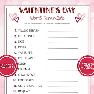 Valentine Word Scramble Printable Game for Kids and Adults, 15 ...