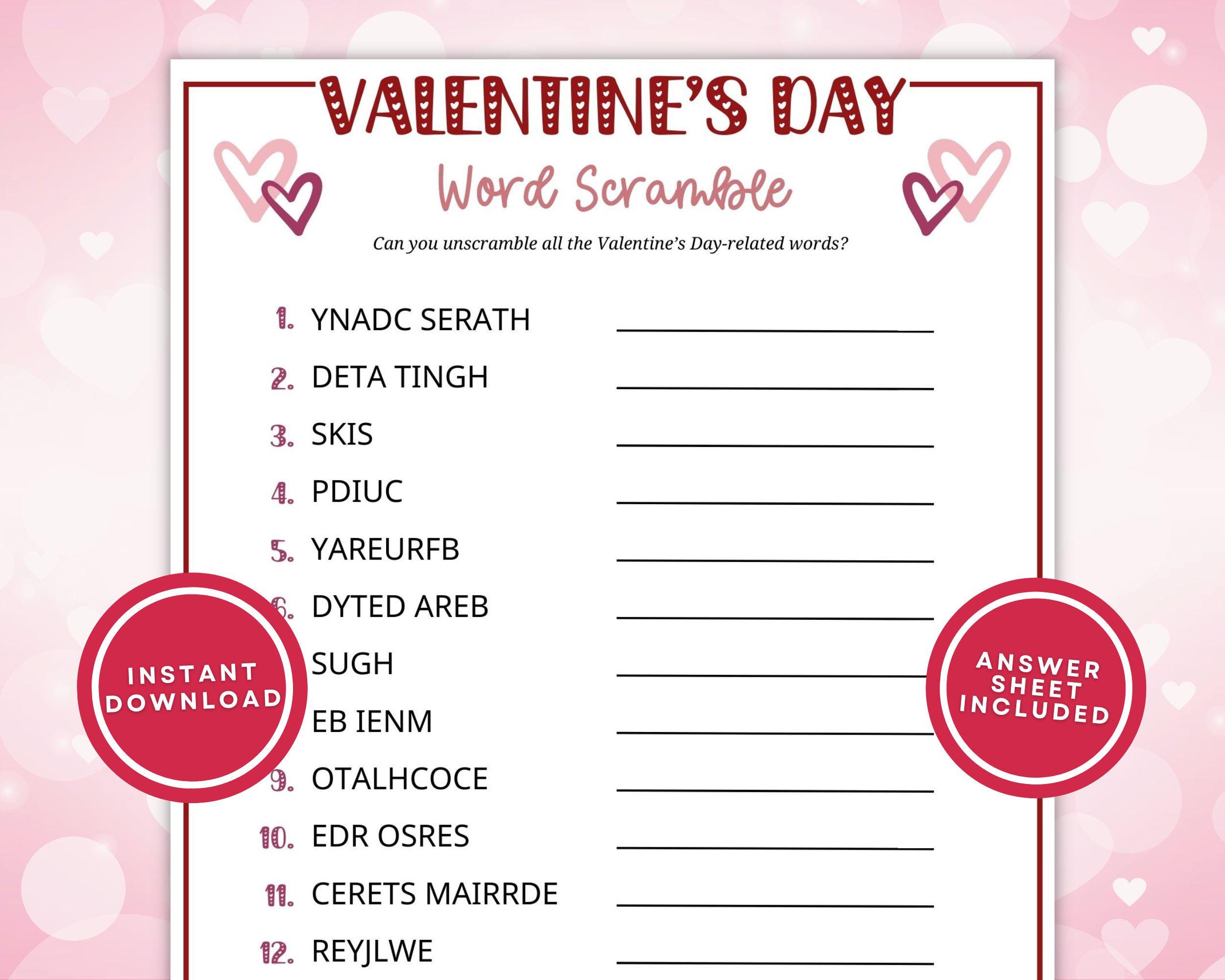 Valentine Word Scramble Printable Game for Kids and Adults, 15 ...