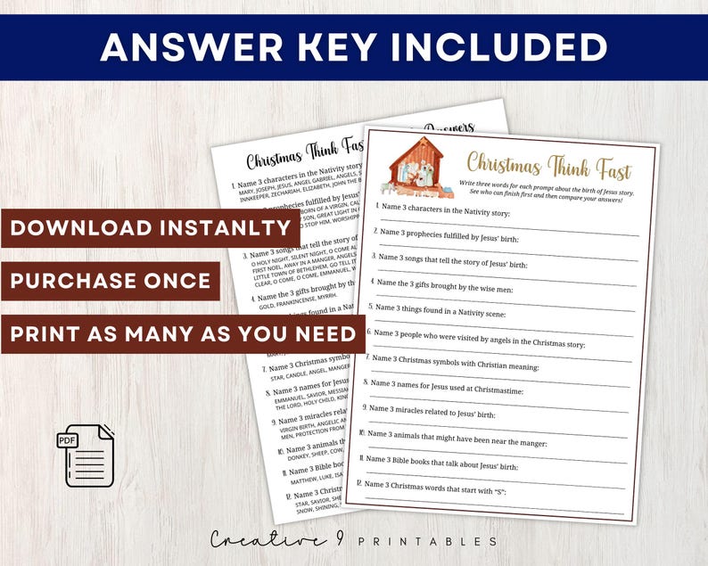 Christian Christmas Think Fast Printable Game, Think Quick Icebreaker ...