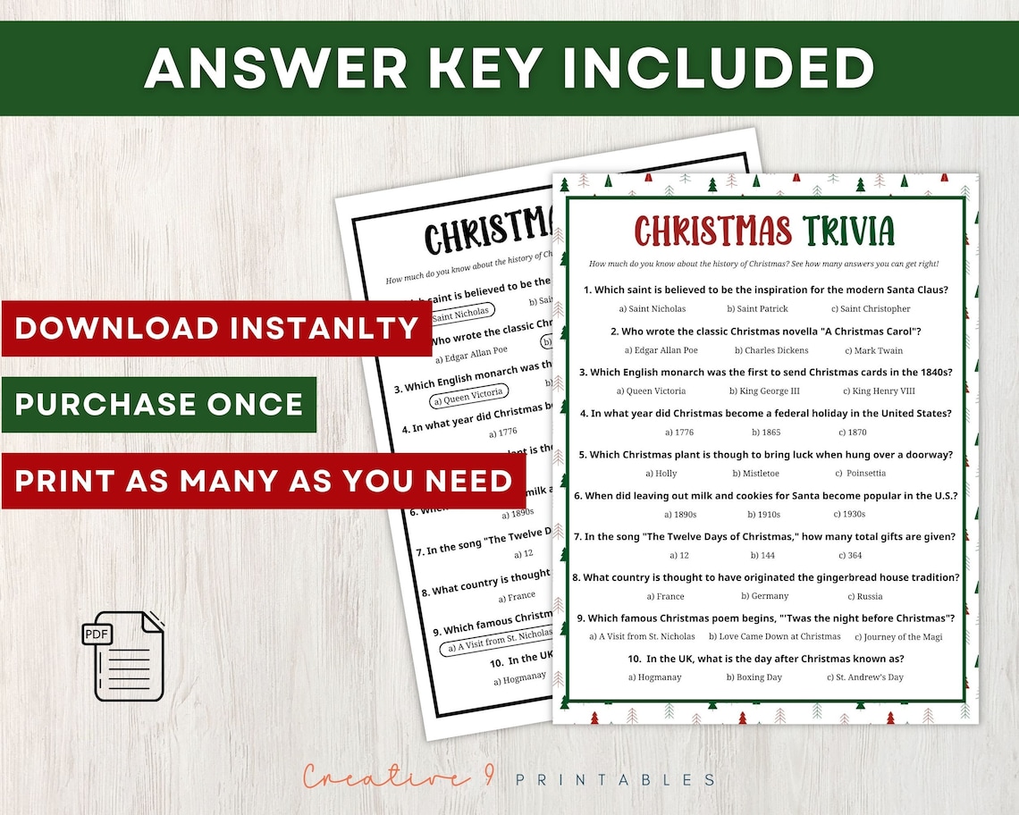 Printable Christmas Trivia Game for Adults and Kids, 10 Christmas ...