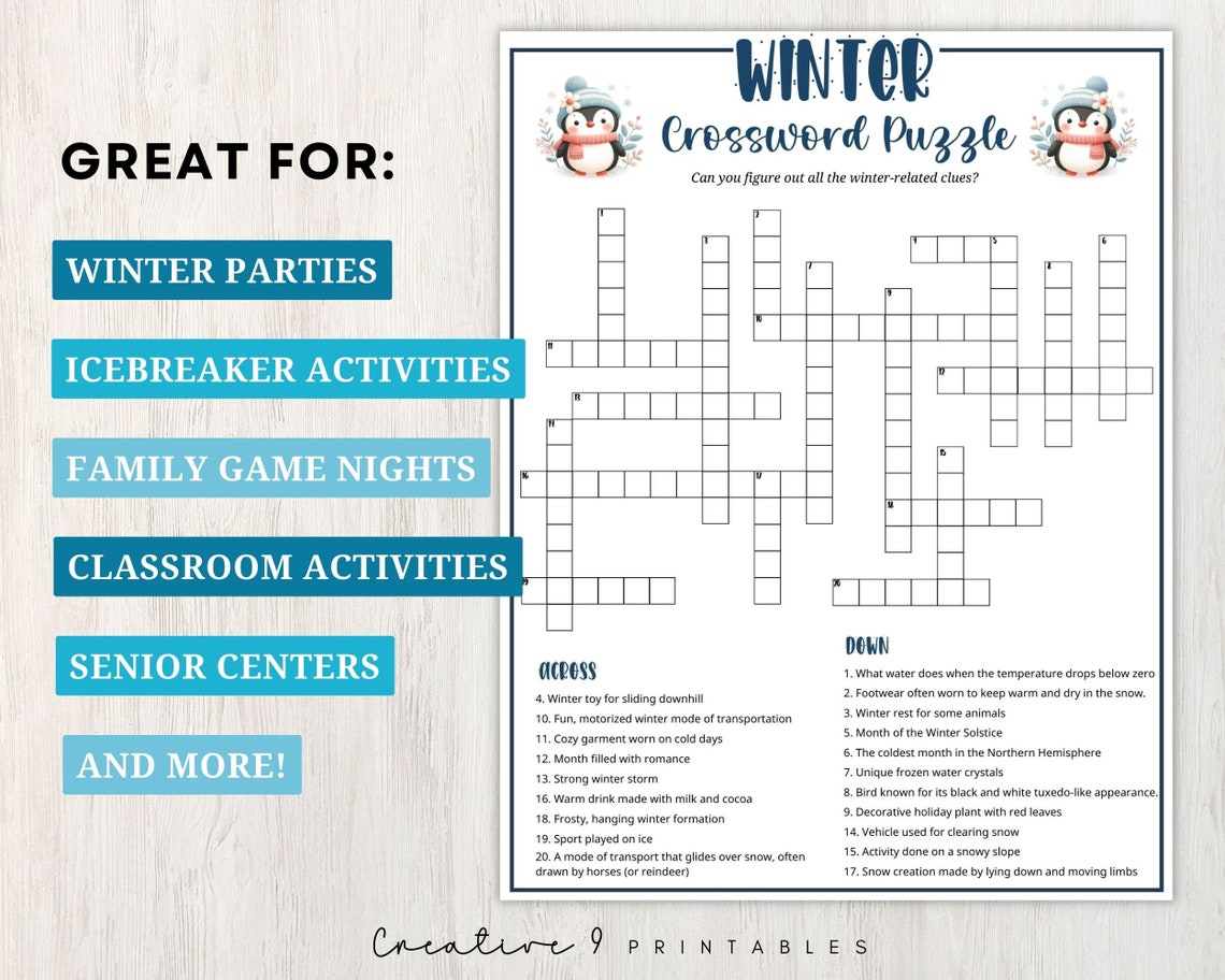 Printable Winter Crossword Puzzle for Kids and Adults, Fun Winter Word ...