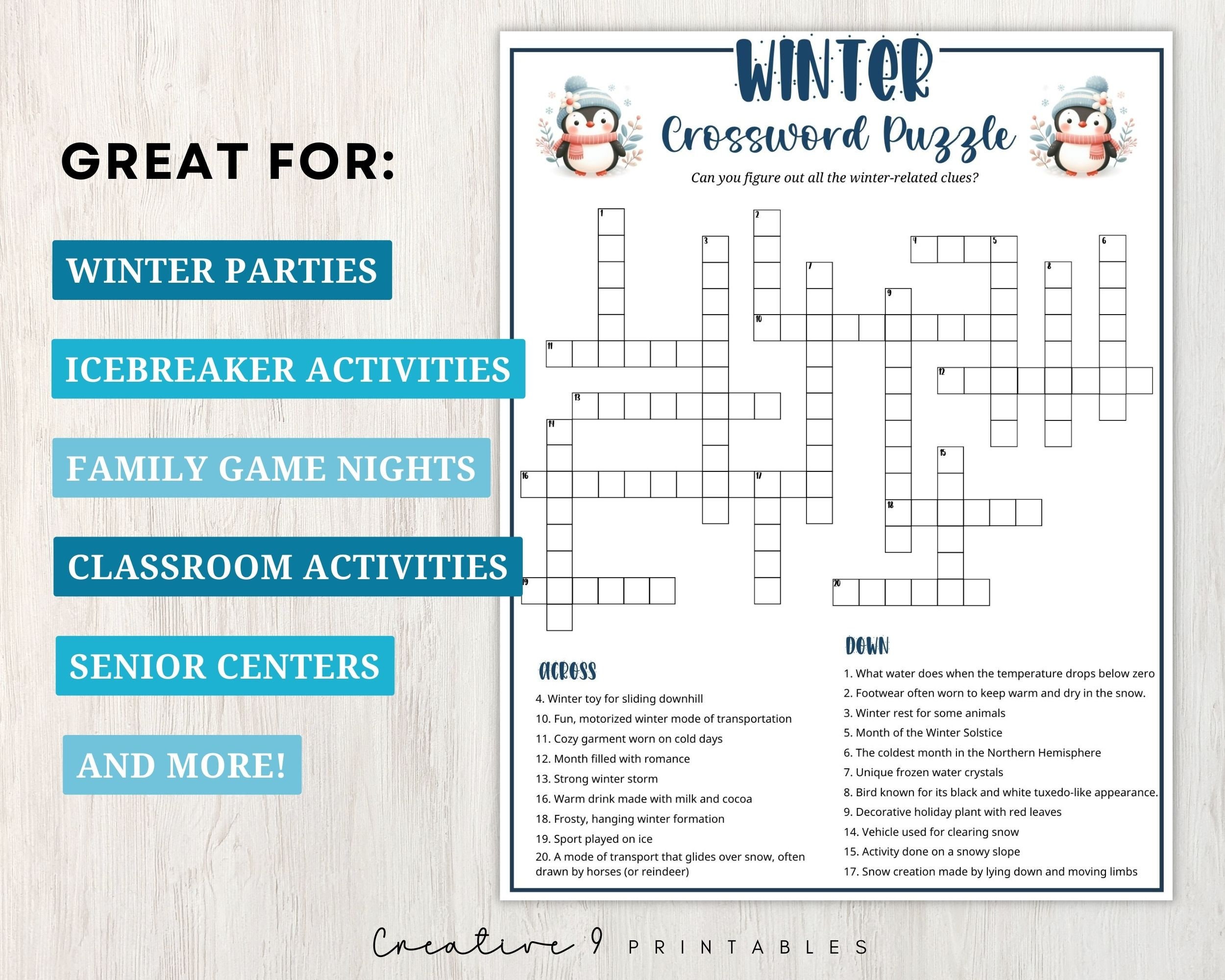 Printable Winter Crossword Puzzle for Kids and Adults, Fun Winter Word ...