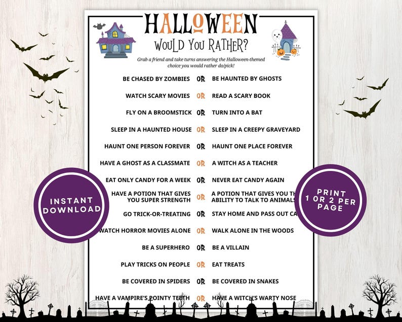Halloween Would You Rather Game for Kids, Printable This or That With ...