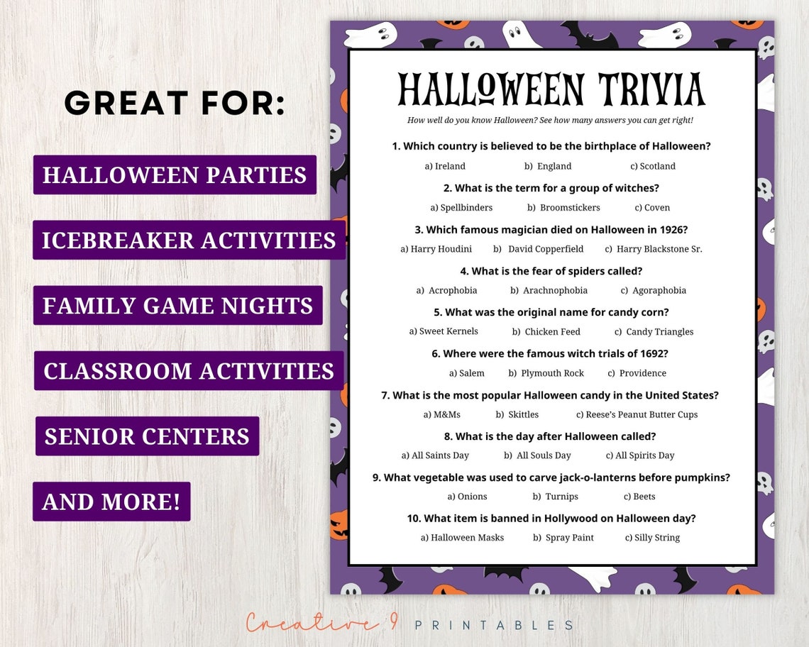 Printable Halloween Trivia Game for Kids and Adults, 10 Halloween ...