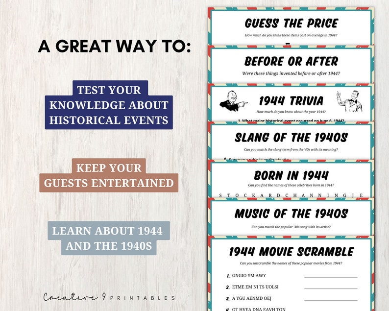1944 Trivia Game Bundle for Adults and Kids, Seven Fun Printable 82nd ...