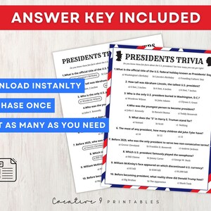Presidents' Day Trivia Printable Game for Adults and Kids, 10 Fun Facts ...