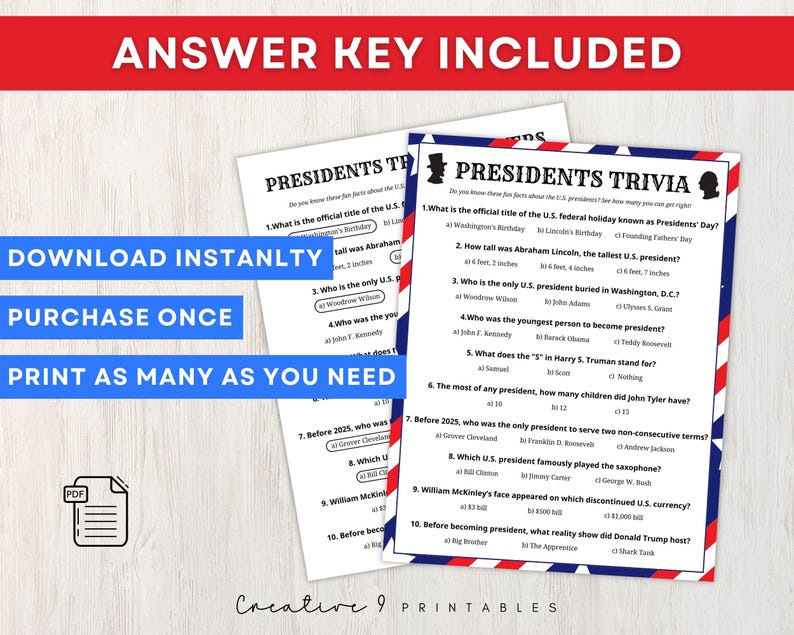 Presidents' Day Trivia Printable Game for Adults and Kids, 10 Fun Facts ...