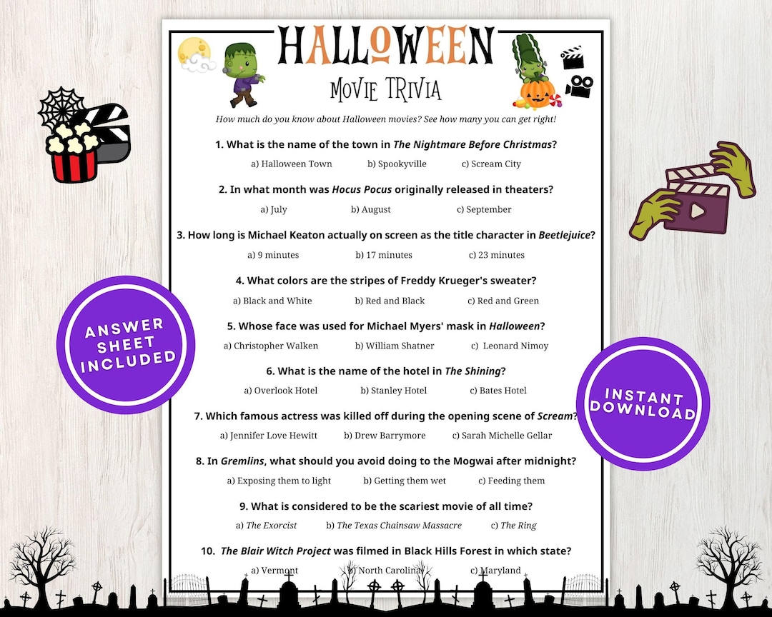 Halloween Movie Trivia Printable Game for Kids and Adults, 10 Questions ...