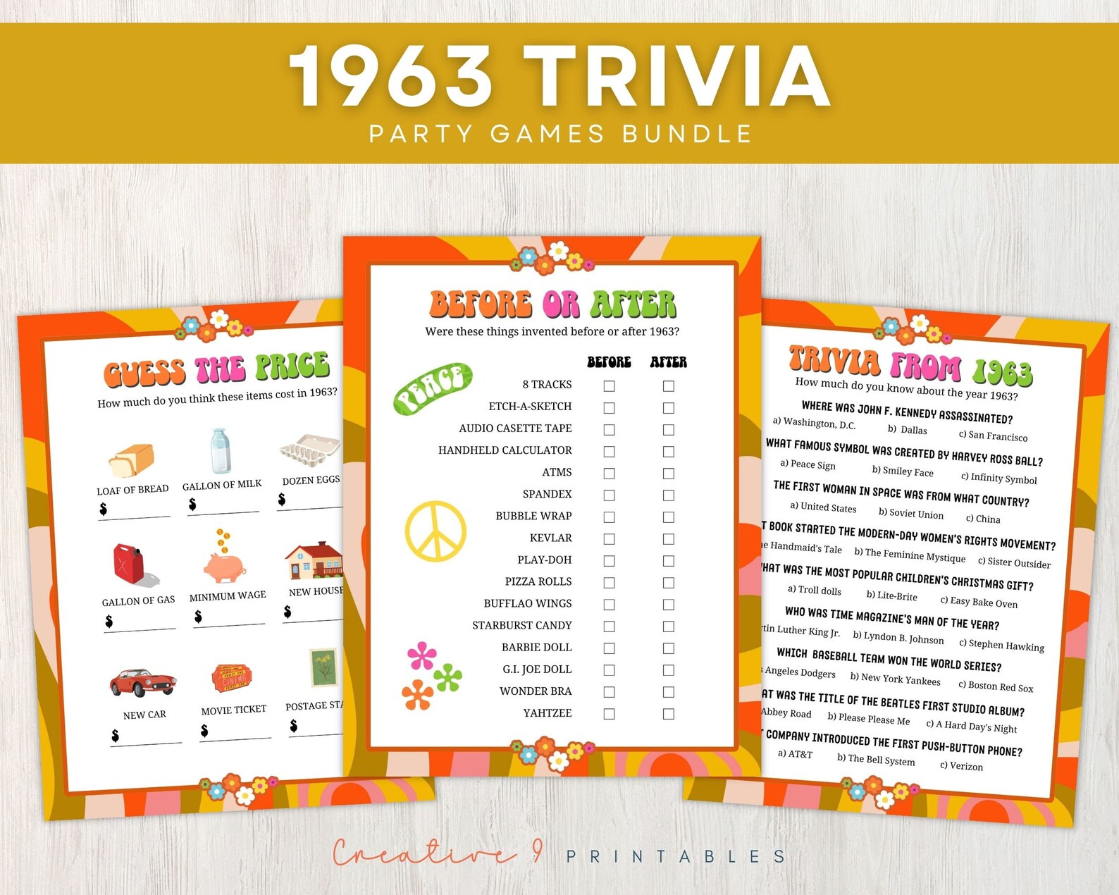 1963 Trivia Game Bundle, Born in 1963 Party Games for Birthday or ...