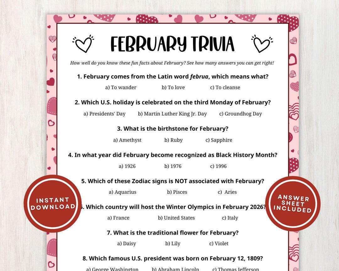 February Trivia Printable Game for Kids and Adults, 10 Fun Facts Quiz ...