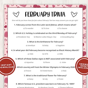 February Trivia Printable Game for Kids and Adults, 10 Fun Facts Quiz ...