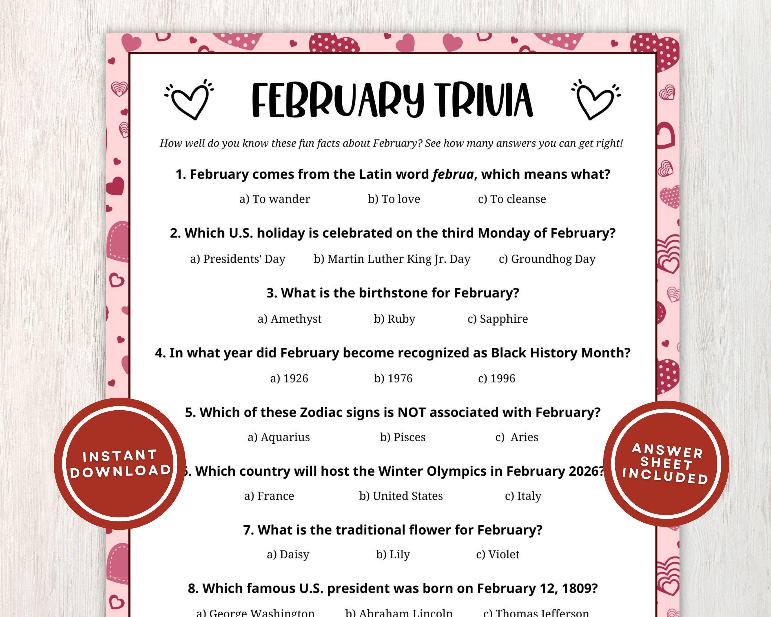 February Trivia Printable Game for Kids and Adults, 10 Fun Facts Quiz ...