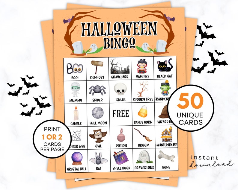 Halloween Bingo Printable PDF Game for Kids and Adults, 50 Halloween ...