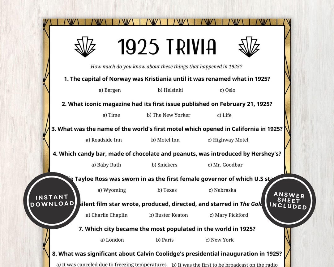 1925 Trivia With Answers, Printable 100th Birthday Game, 10 Fun Quiz ...