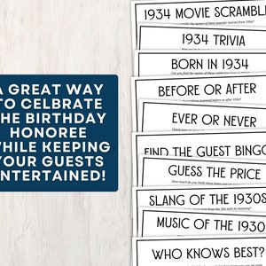 91st Birthday Party Games, Printable Game Bundle With Answer Keys, Born ...
