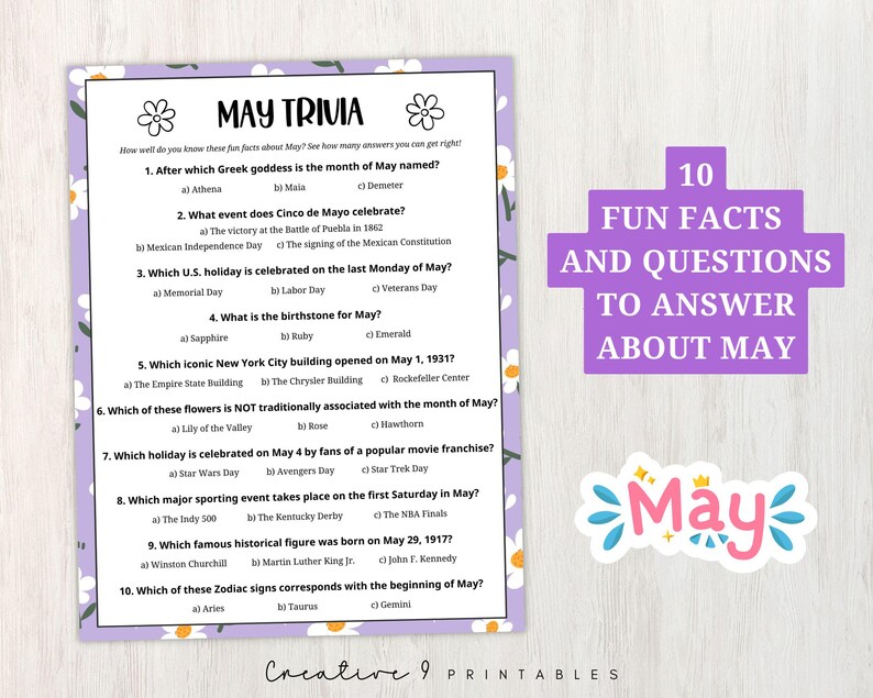 May Trivia Printable Game for Kids and Adults, 10 Fun Facts Quiz ...