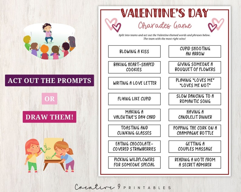 Valentine Charades Printable Game for Kids, 30 Prompts With Valentine ...