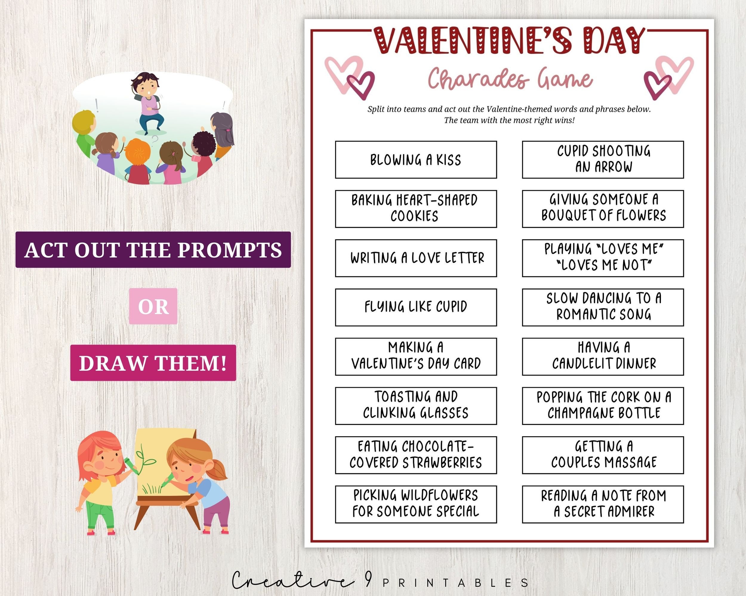 Valentine Charades Printable Game for Kids, 30 Prompts With Valentine ...