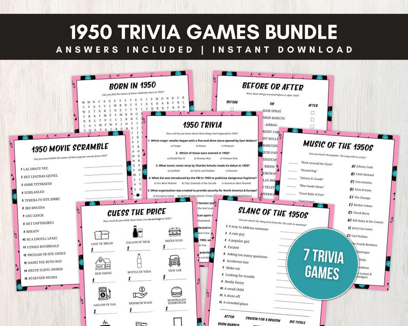1950 Trivia Game Bundle, 75th Birthday Party Games, 75th Printable ...