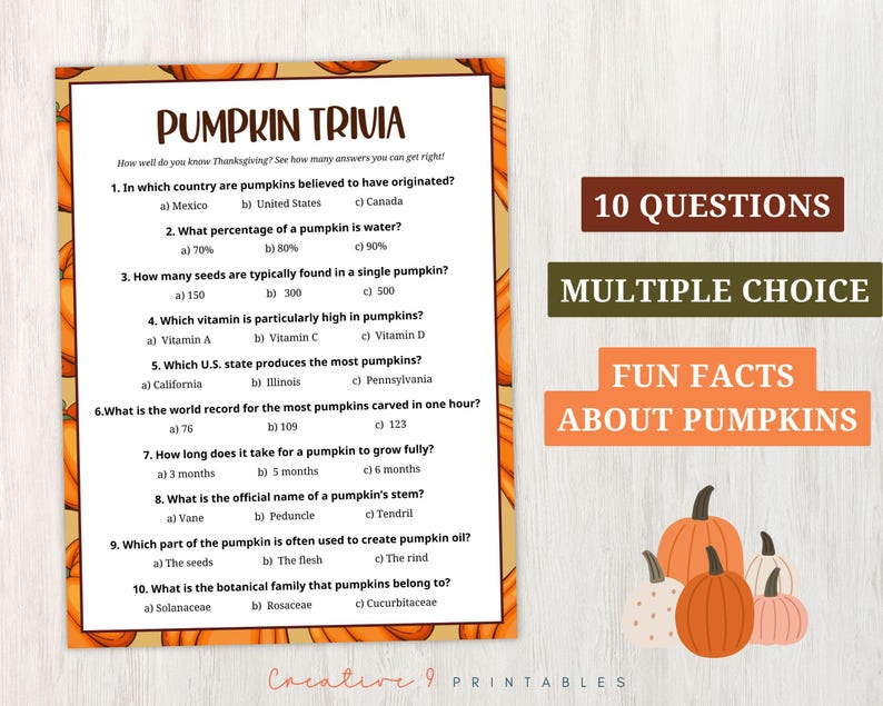 Pumpkin Trivia Game Printable for Kids and Adults, 10 Fall Trivia ...