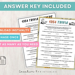 1954 Trivia With Answers, Printable 71st Birthday Game, 10 Fun Quiz ...
