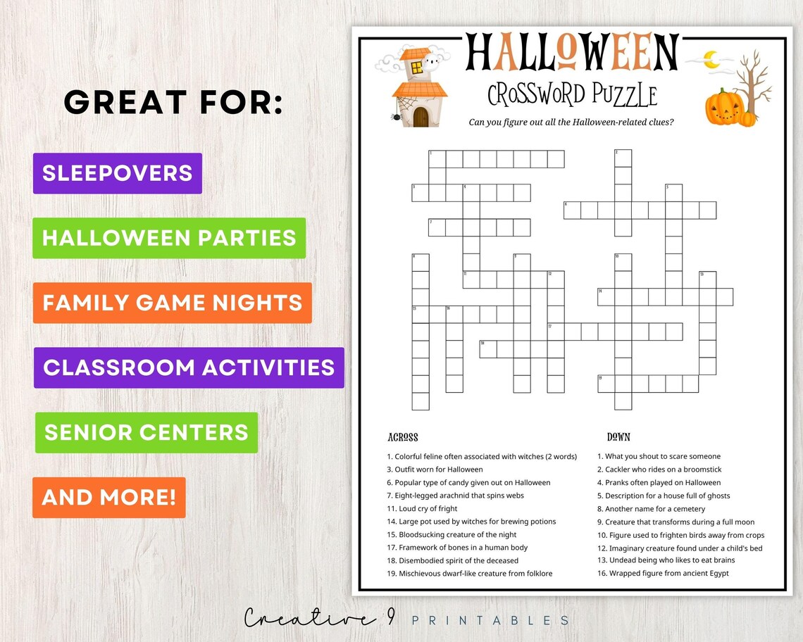 Halloween Crossword Puzzle for Kids and Adults, Fun Printable Halloween ...