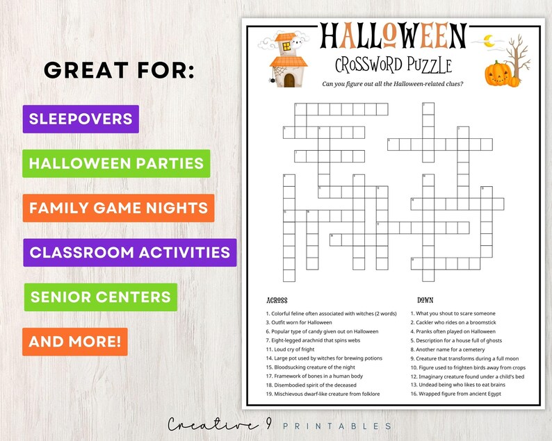 Halloween Crossword Puzzle for Kids and Adults, Fun Printable Halloween ...