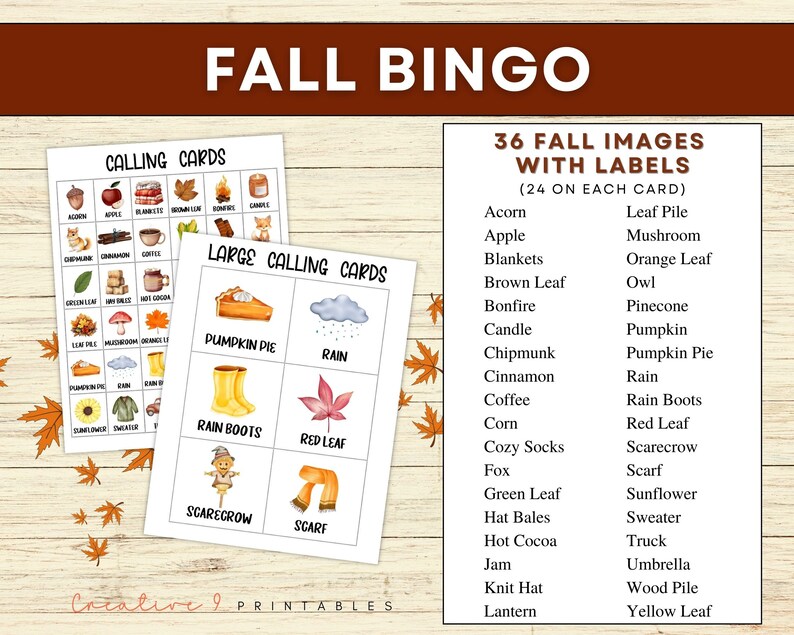 Printable Fall Bingo Game for Kids and Adults, 50 Bingo Cards and Bonus ...