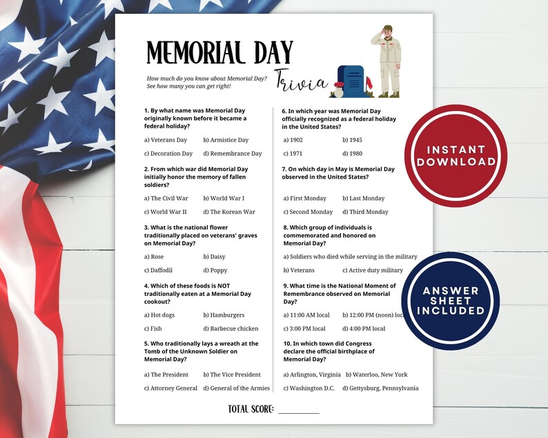 Memorial Day Trivia Game for Kids and Adults, 10 Printable Trivia ...