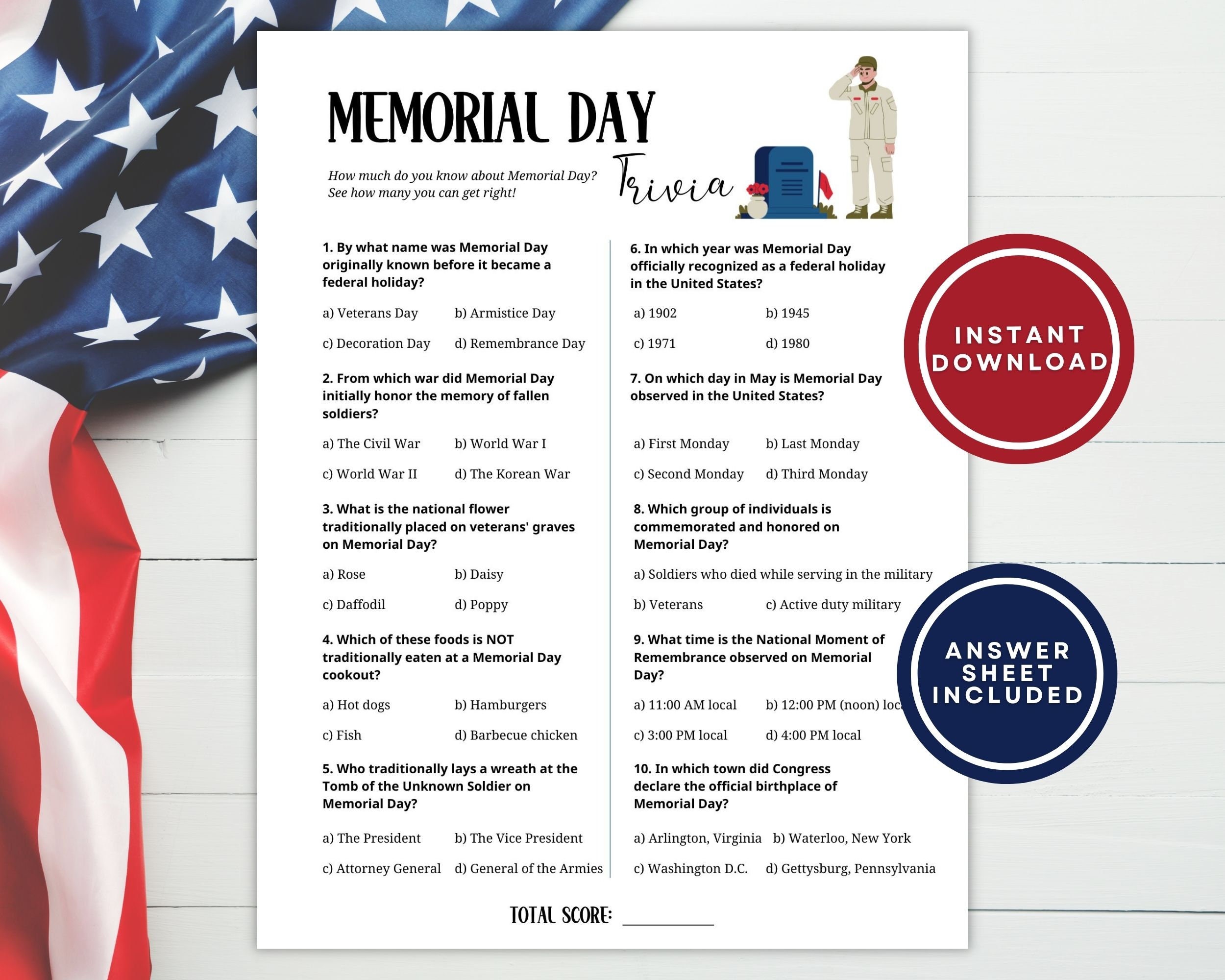 Memorial Day Trivia Game for Kids and Adults, 10 Printable Trivia ...