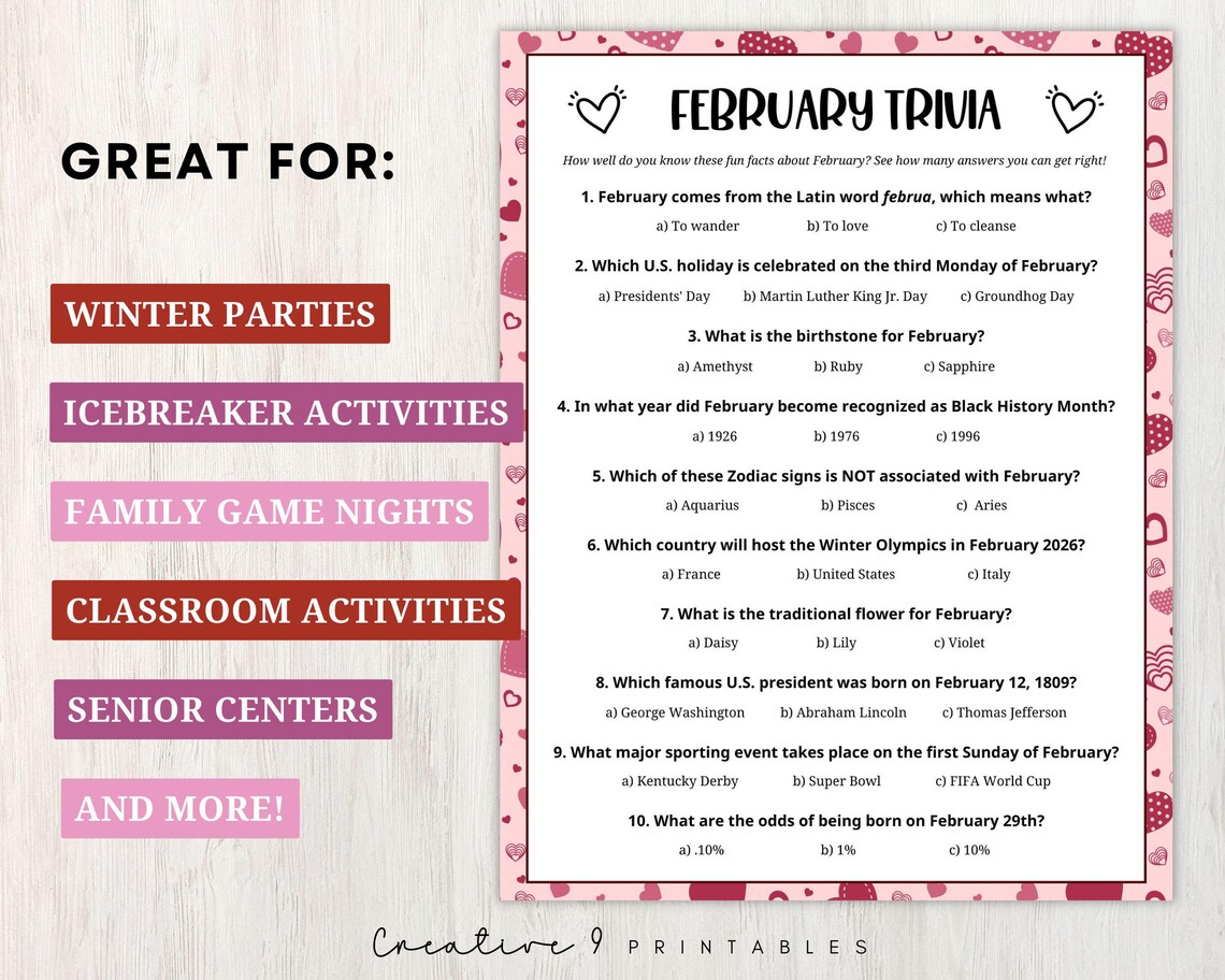 February Trivia Printable Game for Kids and Adults, 10 Fun Facts Quiz ...