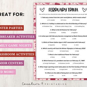 February Trivia Printable Game for Kids and Adults, 10 Fun Facts Quiz ...