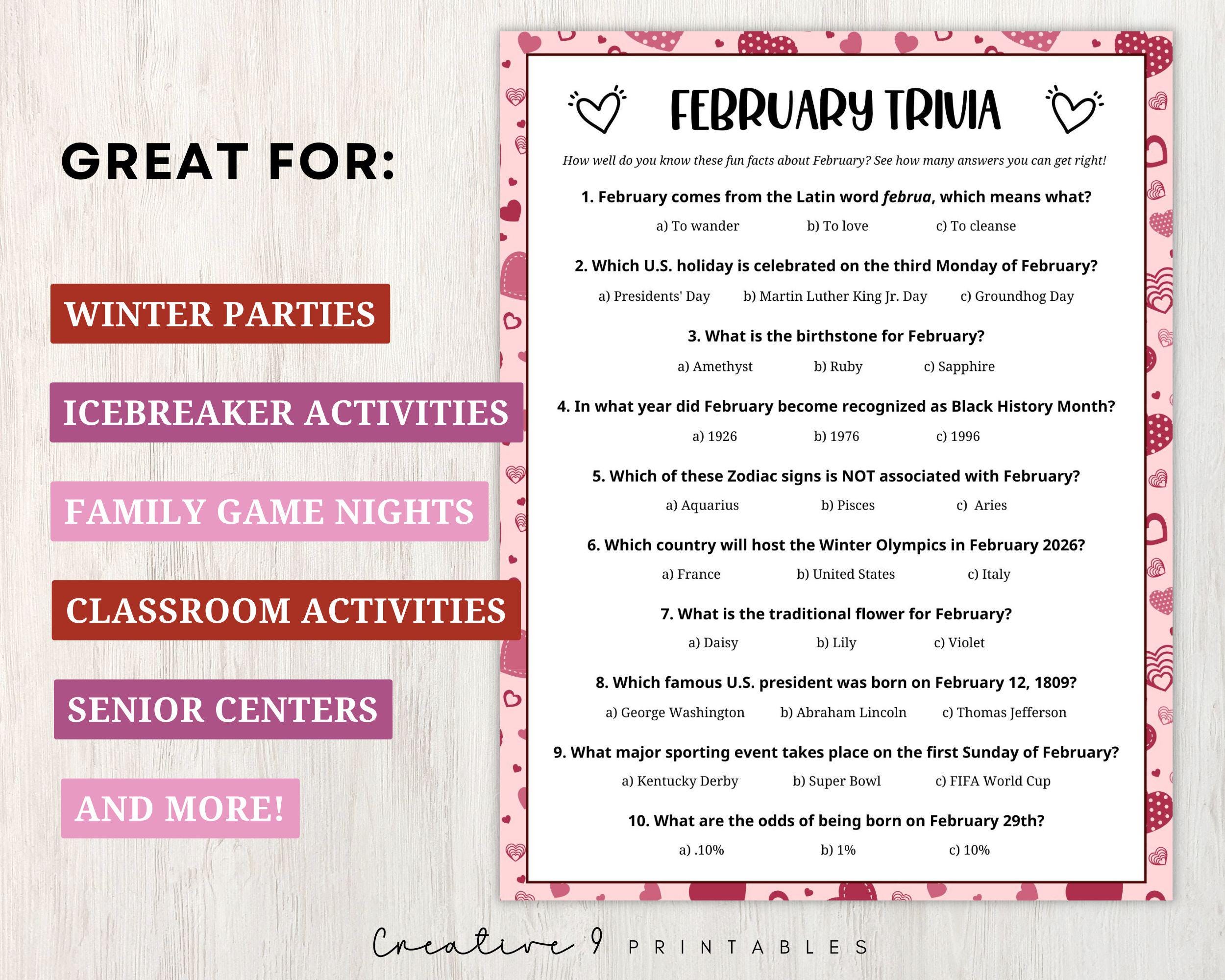 February Trivia Printable Game for Kids and Adults, 10 Fun Facts Quiz ...