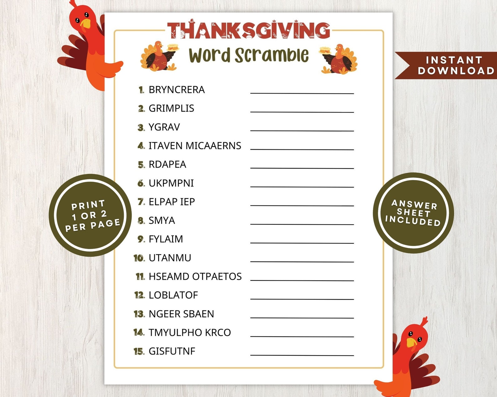 Printable Thanksgiving Word Scramble Game for Kids or Adults With ...