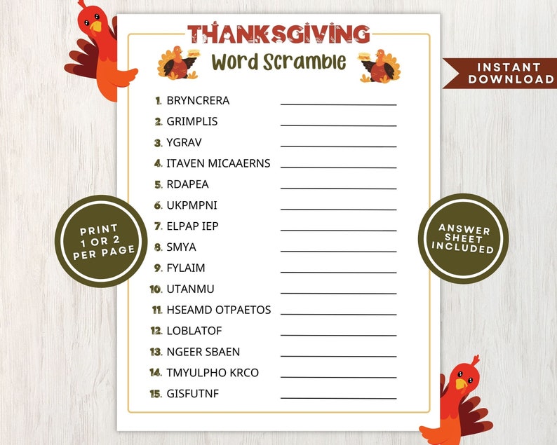 Printable Thanksgiving Word Scramble Game for Kids or Adults With ...