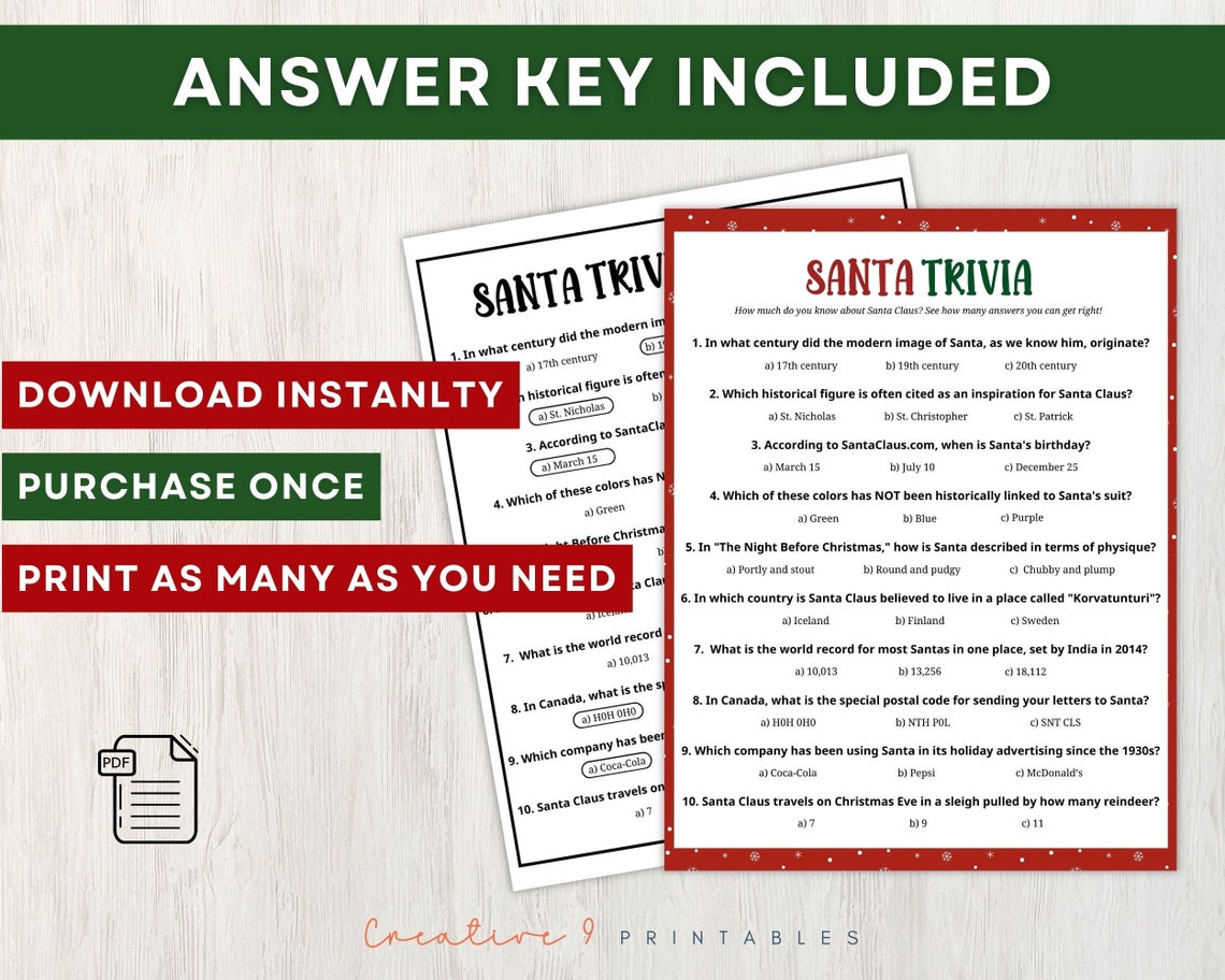 Printable Santa Trivia Game for Adults and Kids, 10 Fun Santa Trivia ...