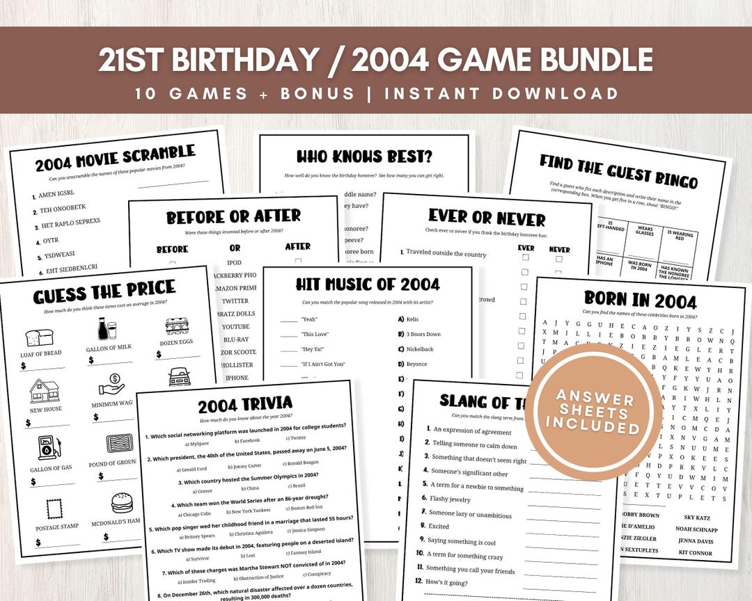 21st Birthday Party Games, Printable Game Bundle With Answer Keys, Born ...