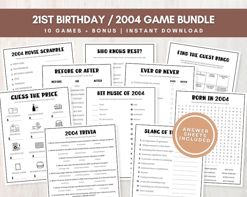 21st Birthday Party Games, Printable Game Bundle With Answer Keys, Born ...