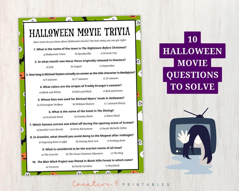 Halloween Movie Trivia Printable Game for Kids and Adults, 10 Trivia ...