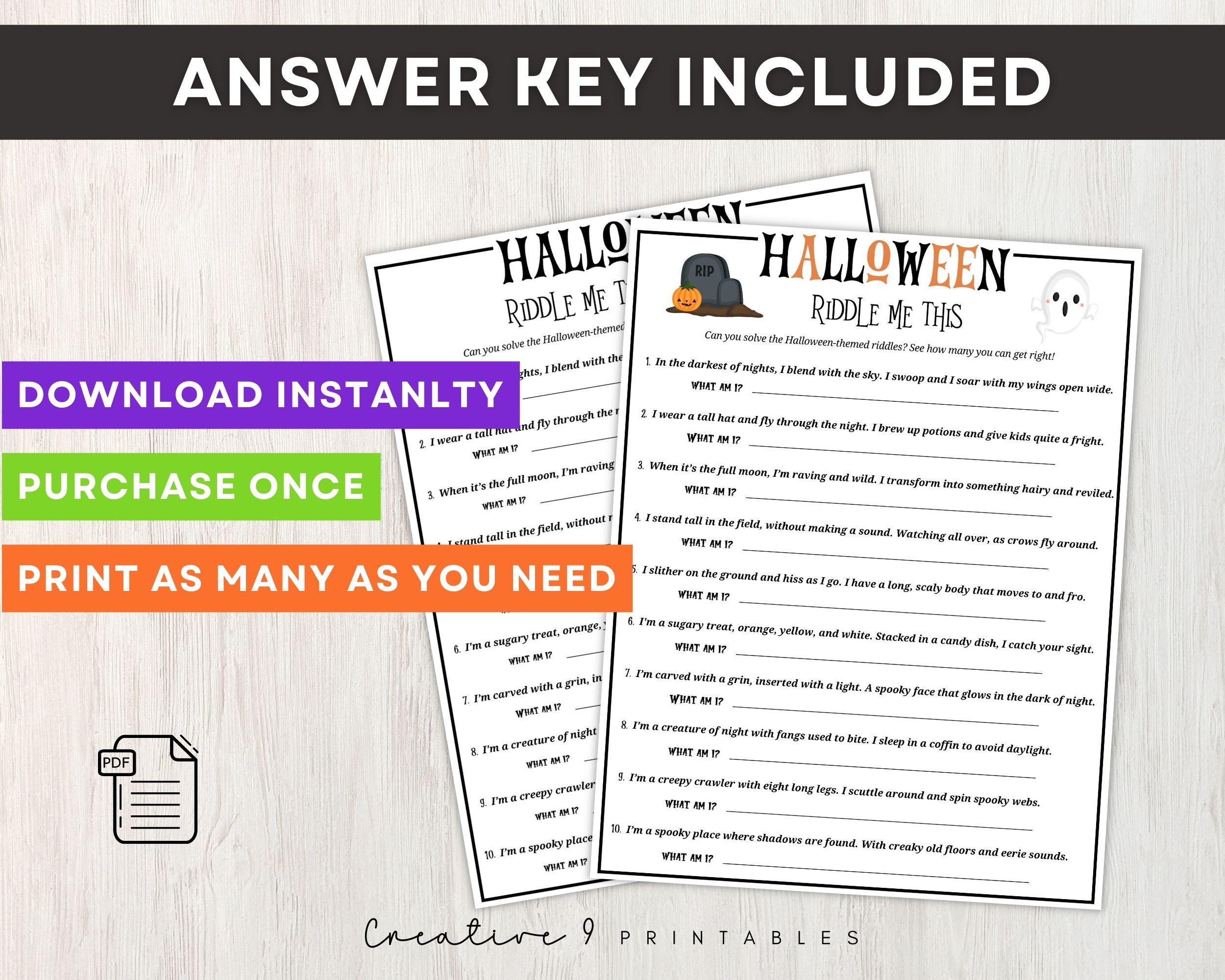 Halloween Riddle Me This Printable Game for Kids, 10 Fun Puzzles for ...