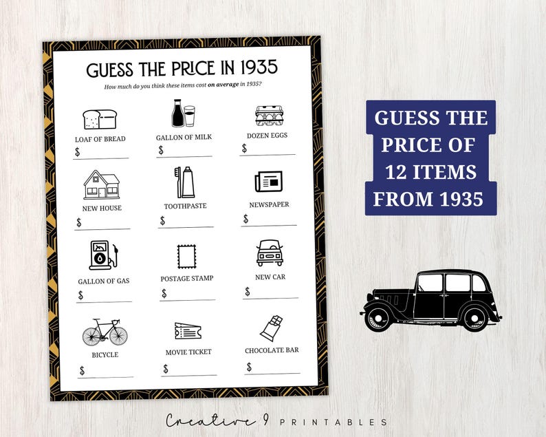 1935 Guess the Price Game, 90th Birthday Party Games, Back in 1935 ...
