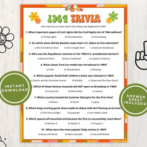 1964 Trivia With Answers, Printable 61st Birthday Party or Anniversary ...