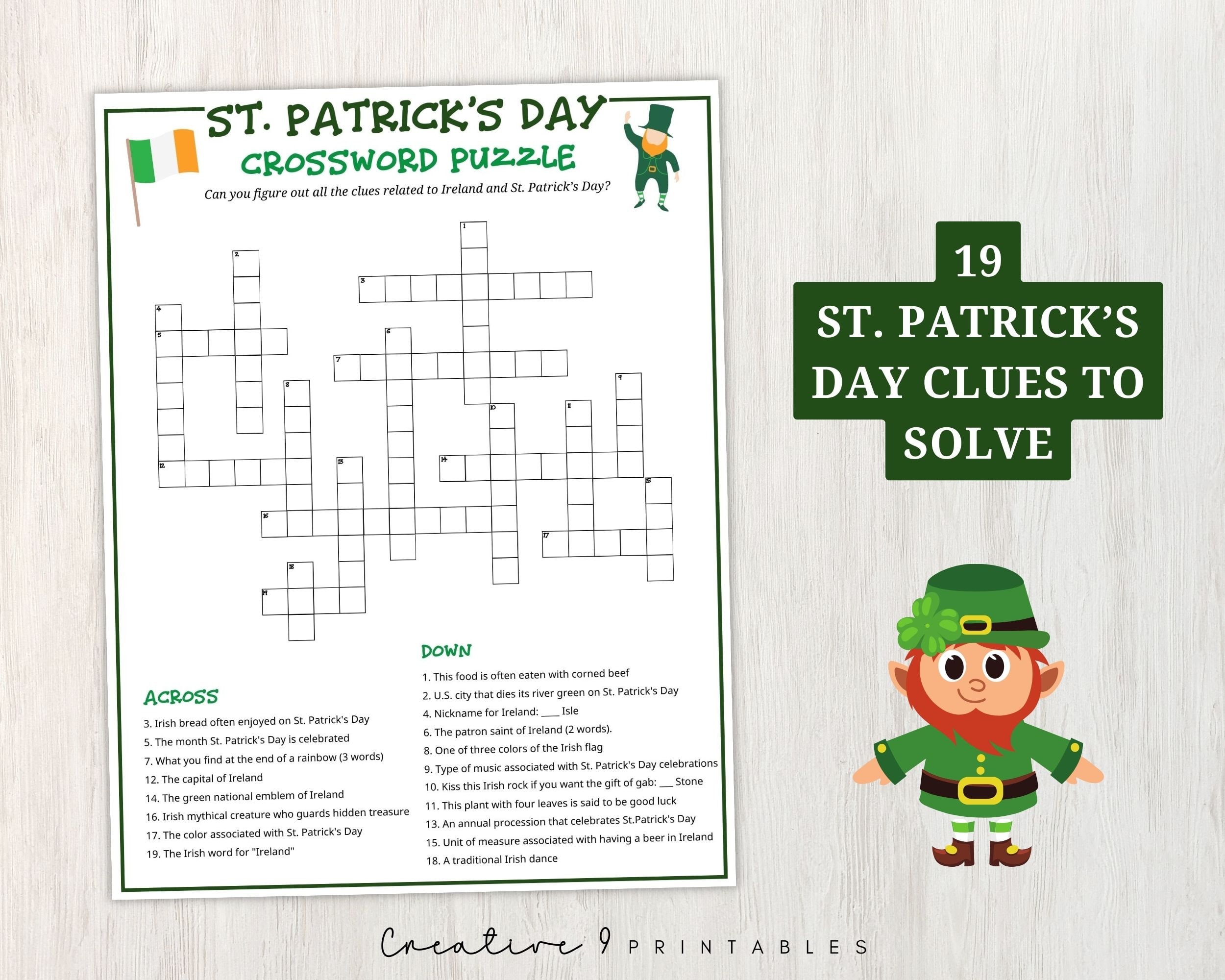St. Patrick's Day Crossword Game With Answers, Printable Crossword ...