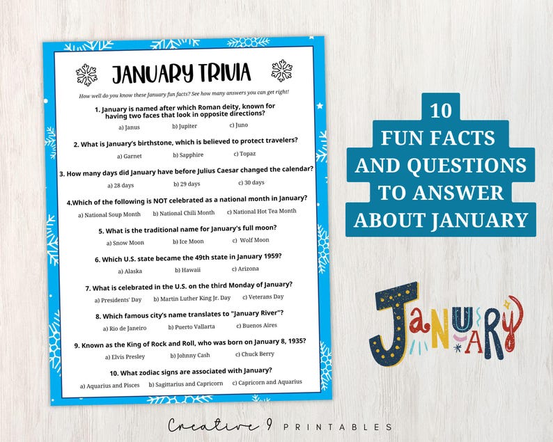 January Trivia Printable Game for Kids and Adults, 10 Fun Facts Quiz ...