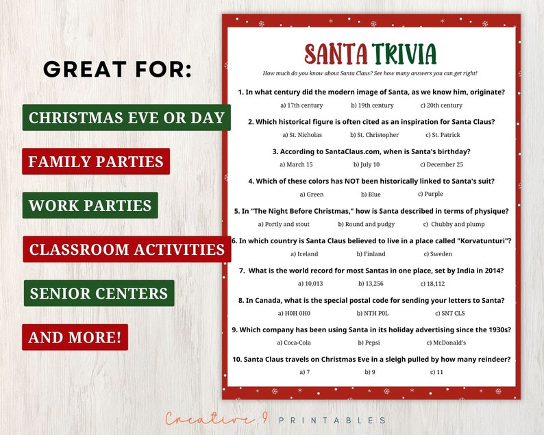 Printable Santa Trivia Game for Adults and Kids, 10 Fun Santa Trivia ...
